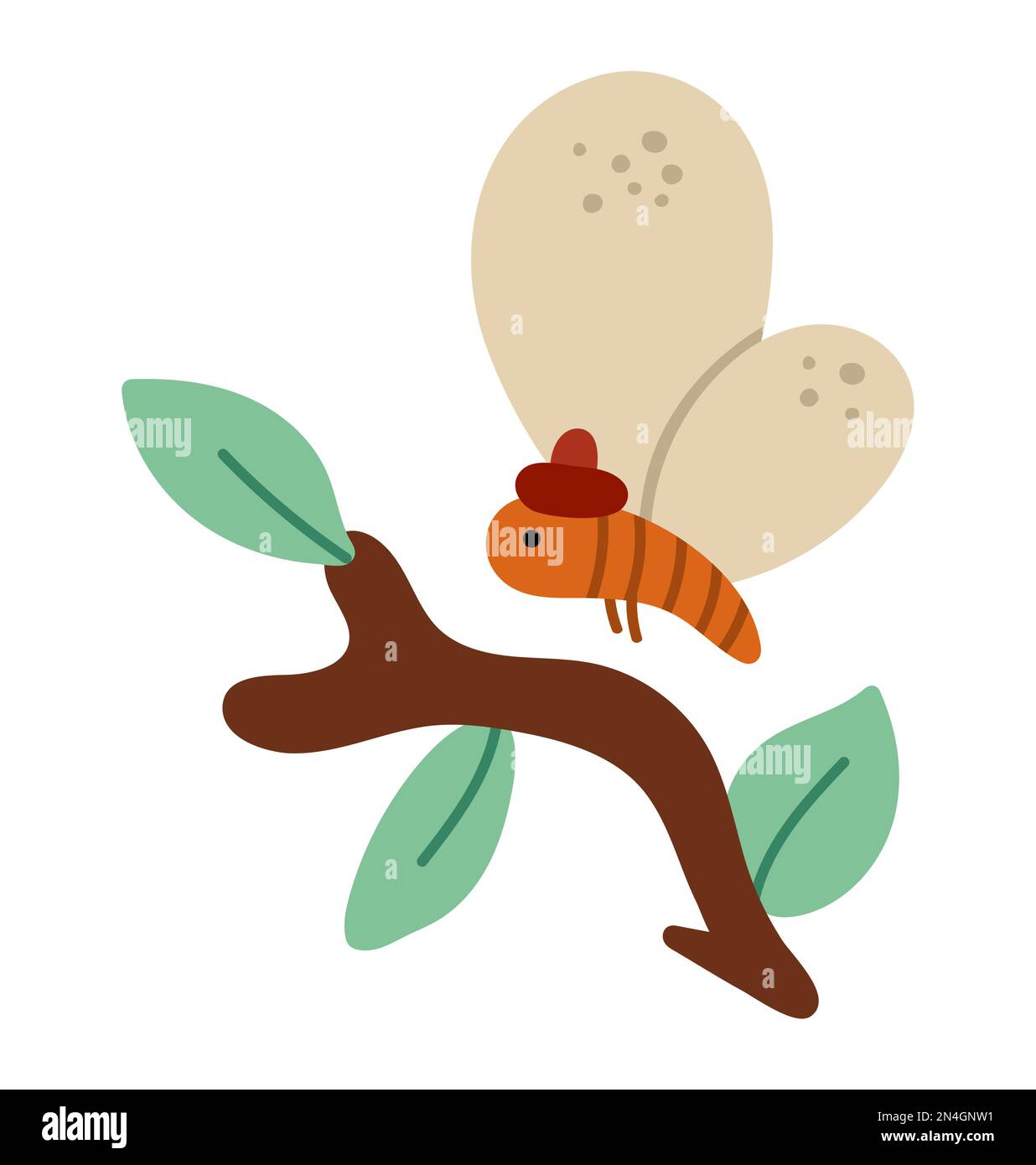 Vector hand drawn flat flying red insect in warm hat. Funny woodland ...