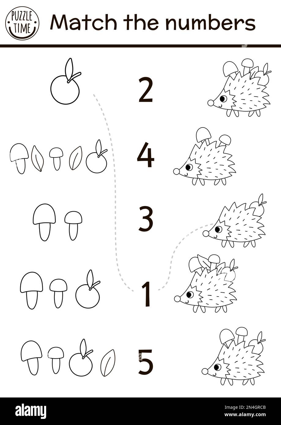 Match the numbers black and white game with funny hedgehog. Forest math ...