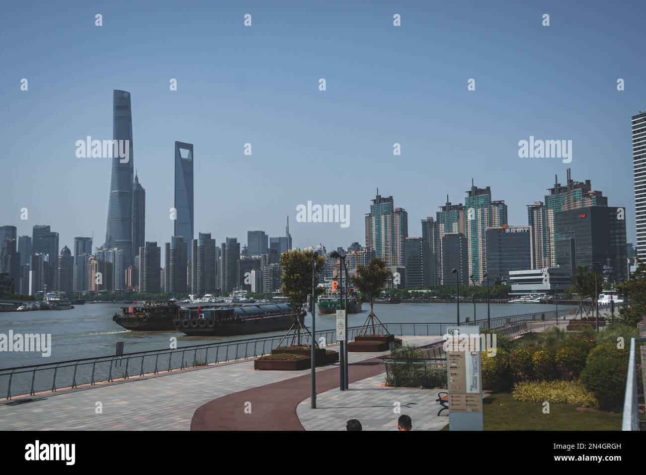 An aerial view of apartment buildings along the Pudong side of the Bund ...