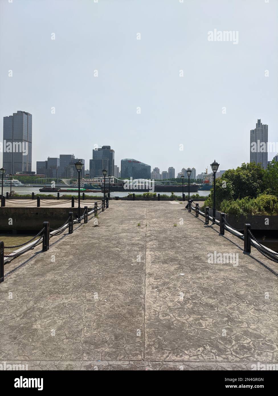 A vertical shot of empty dock in Bund, Shanghai, China on the Huangpu ...