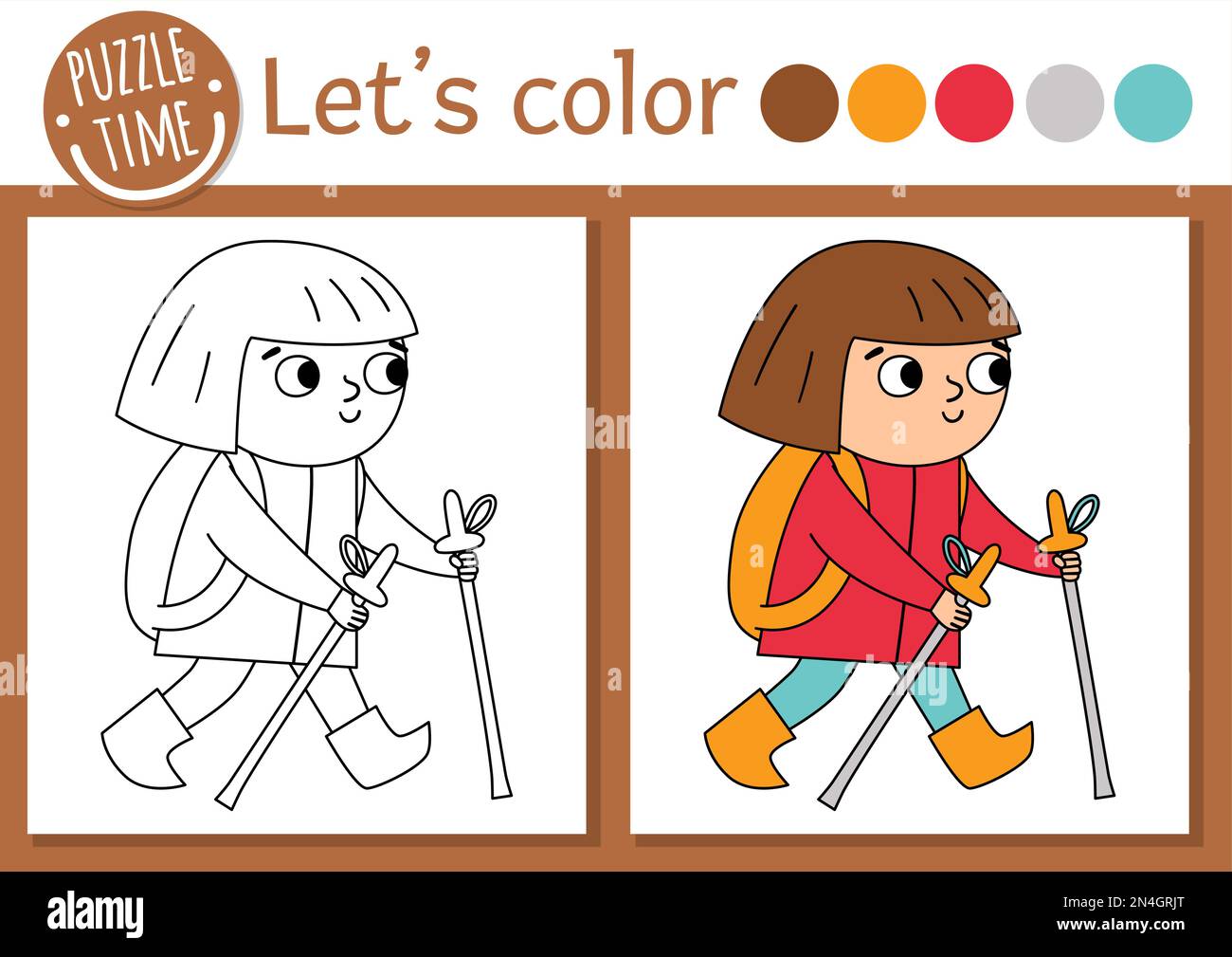 Camping coloring page for children. Funny hiking girl with backpack ...