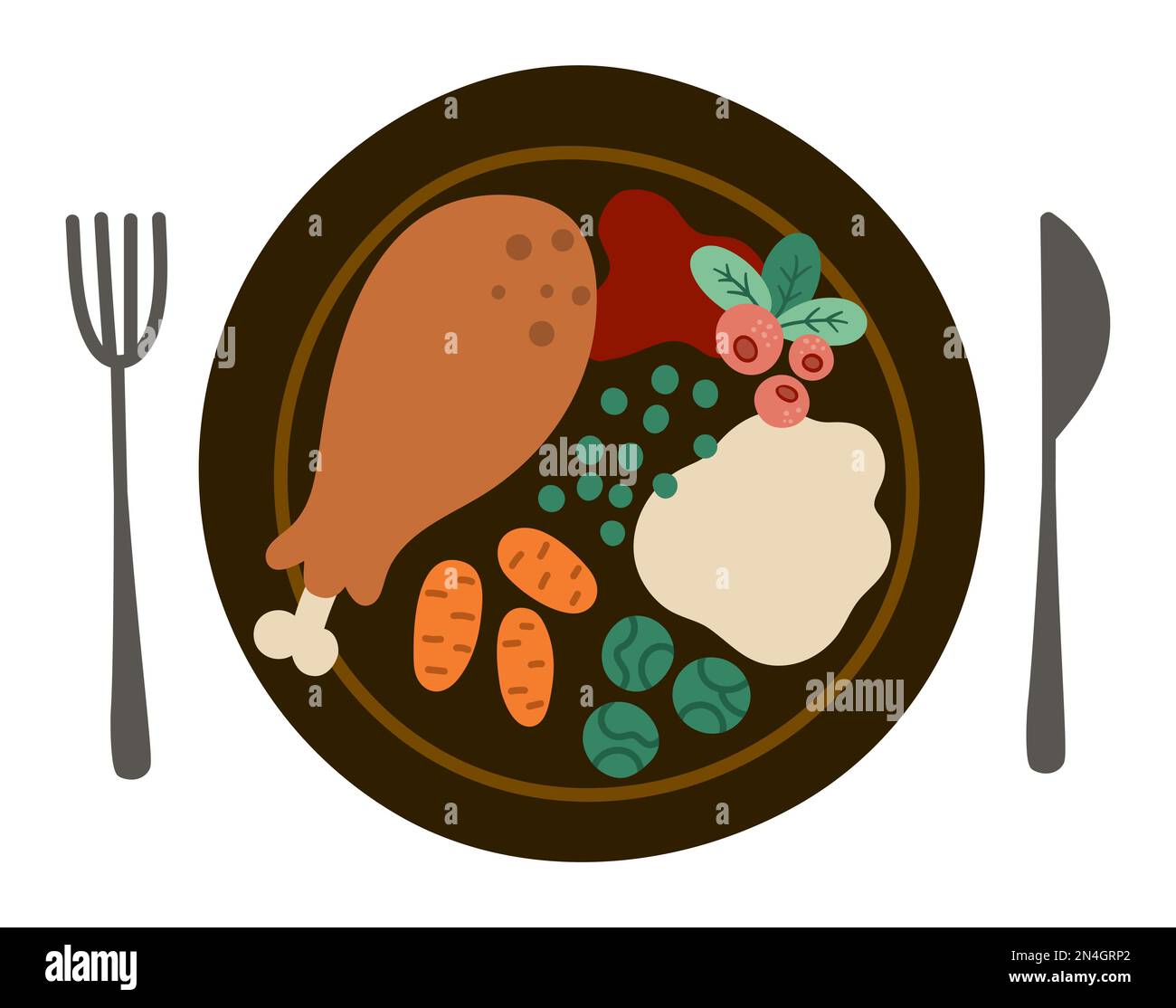 Vector plate with traditional Thanksgiving meal, fork and knife. Roast turkey with cranberry ...