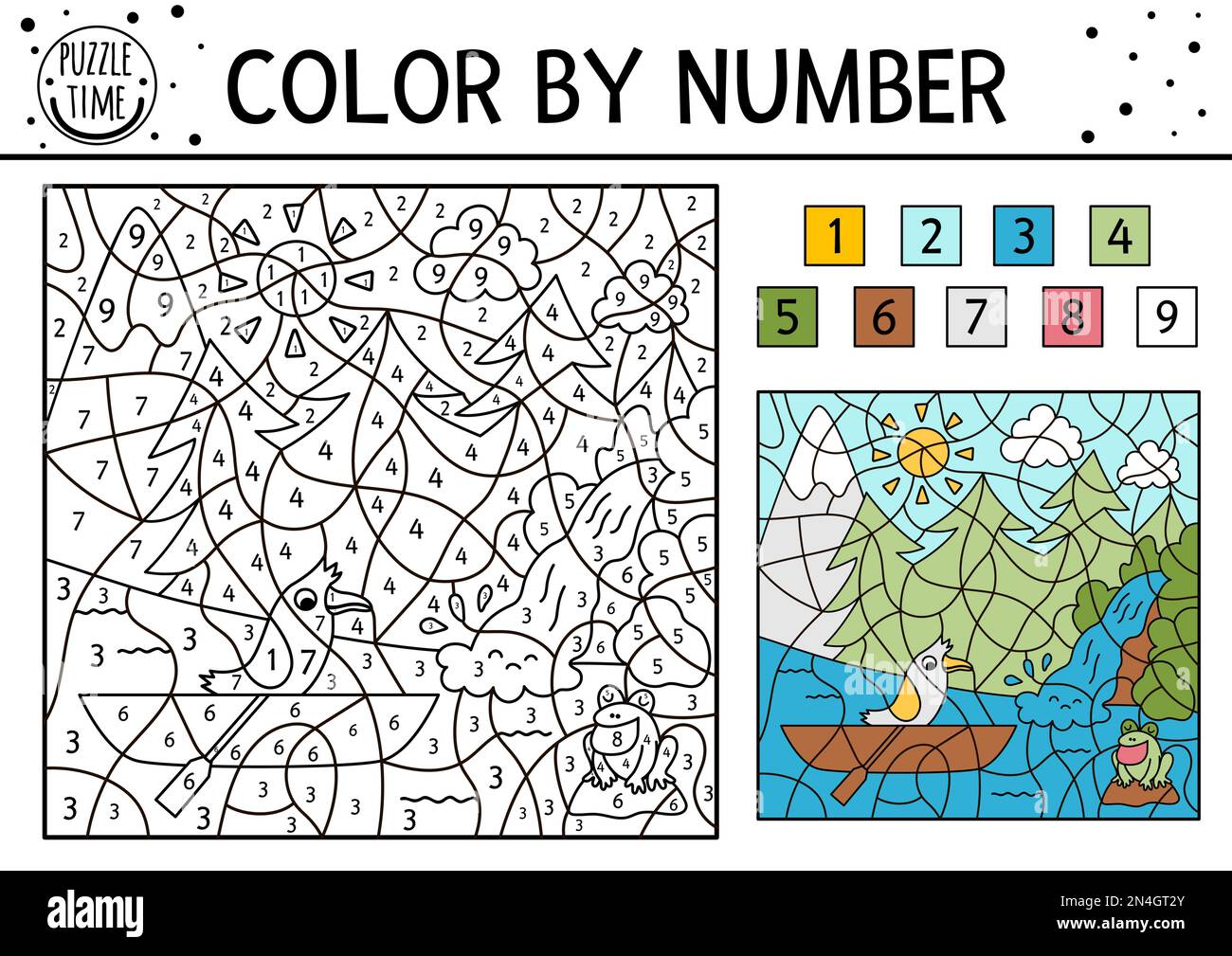 Vector forest color by number activity with trees, mountains, river ...