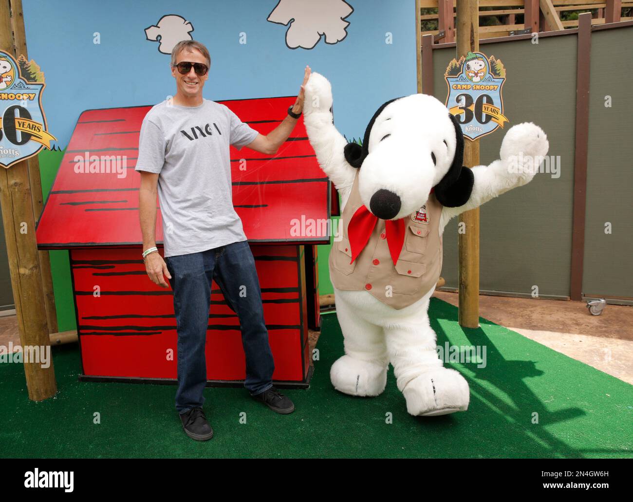 Tony Hawk and Snoopy attend the Camp Snoopy's 30th Anniversary VIP ...
