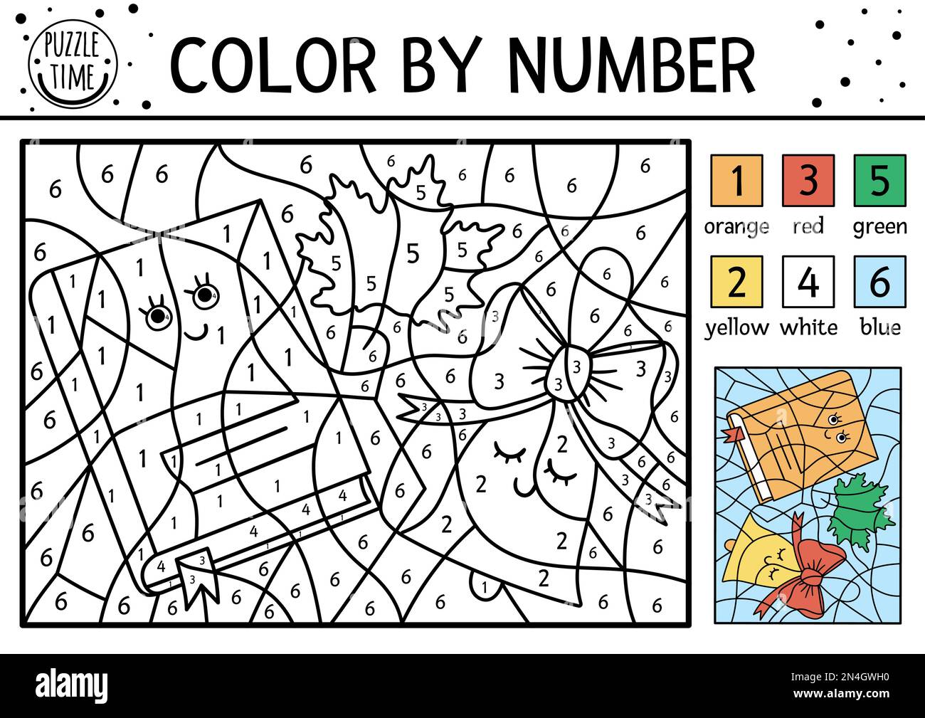 Vector color by number activity with cute kawaii book, bell and maple ...