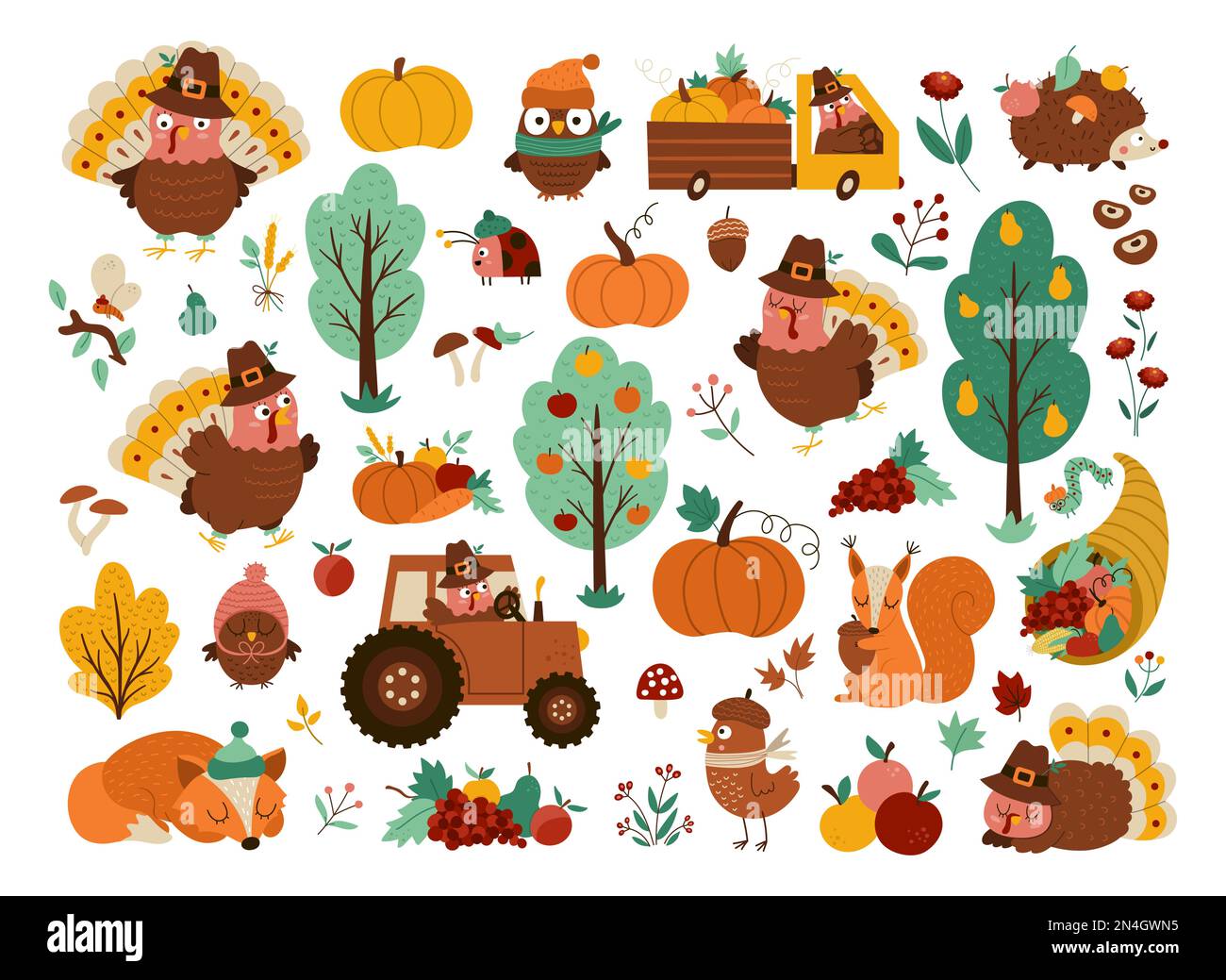 Vector Thanksgiving elements set. Autumn icons collection with funny ...