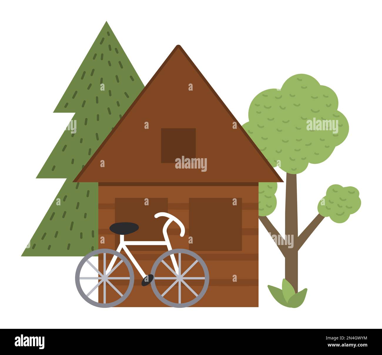 Summer camp scene with house, green trees, bicycle. Vector campfire ...