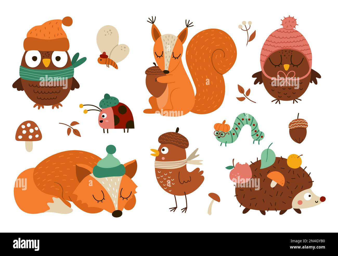 Vector Autumn forest animals and insects set. Cute hedgehog, squirrel ...