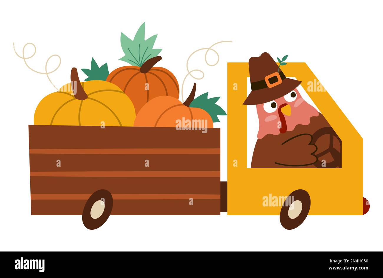 Vector Thanksgiving turkey in pilgrim hat driving a car with pumpkins ...