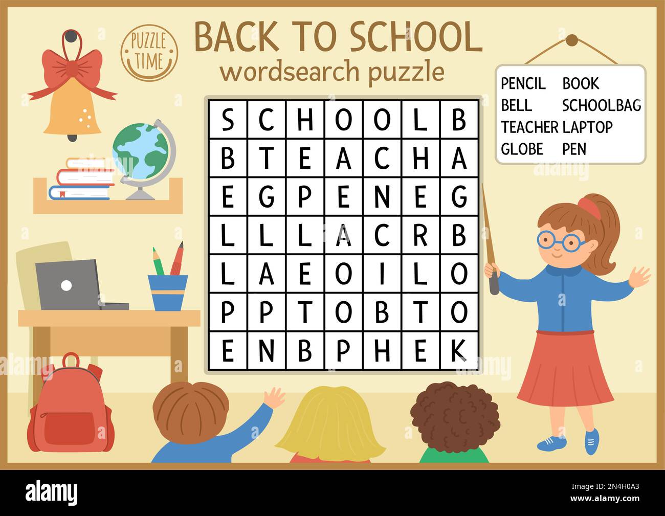 Vector back to school wordsearch puzzle for kids. Simple autumn ...