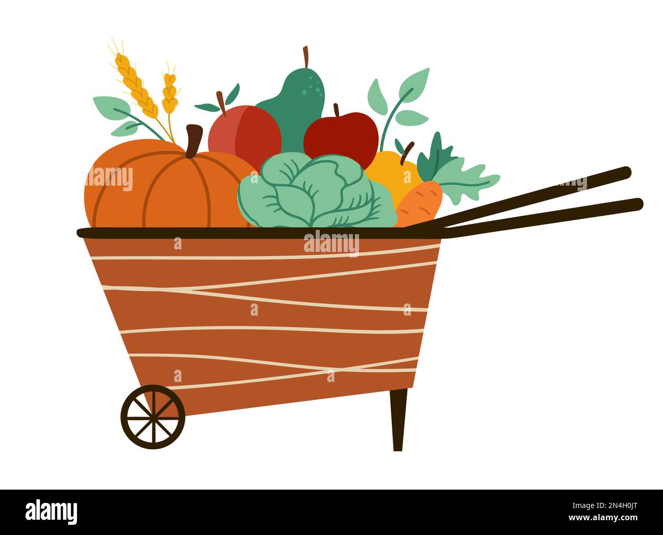 Vector cute wheelbarrow with apples, pear, pumpkin, carrot. Autumn ...