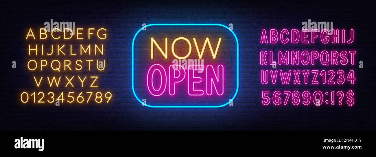 Now Open neon sign in frame on brick wall background. Pink and yellow ...