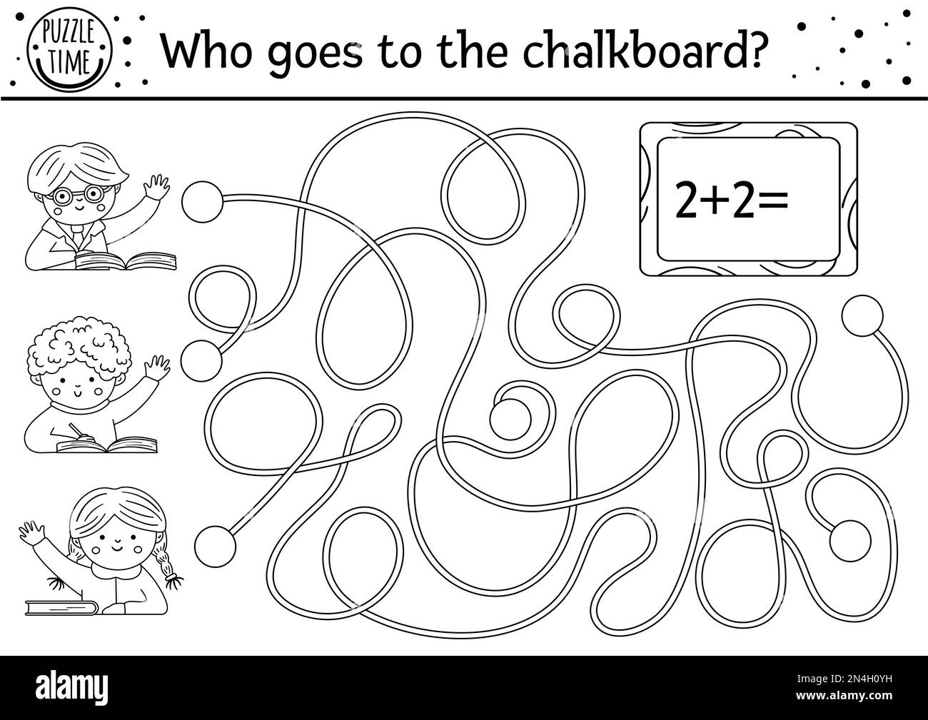 Back to school black and white maze for children. Line labyrinth with ...