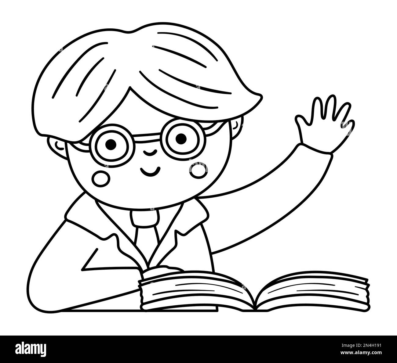 Vector black and white happy schoolboy with hand up. Elementary contour ...