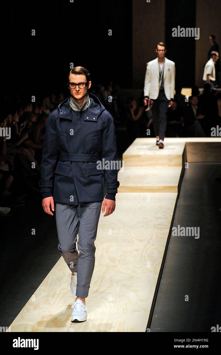 A model wears a creation for Canali men's Spring-Summer 2015 collection ...