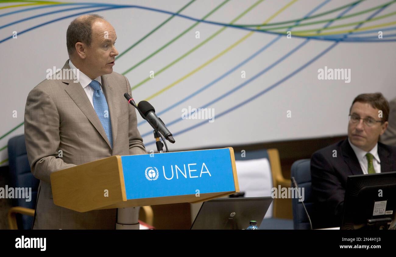 Prince Albert of Monaco, left, addressing the delegates as the United ...