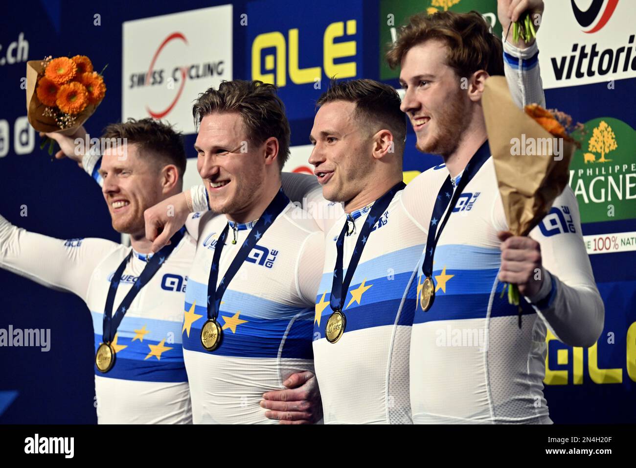 Winning team Netherlands poses after the men's Team Sprint at the UEC ...