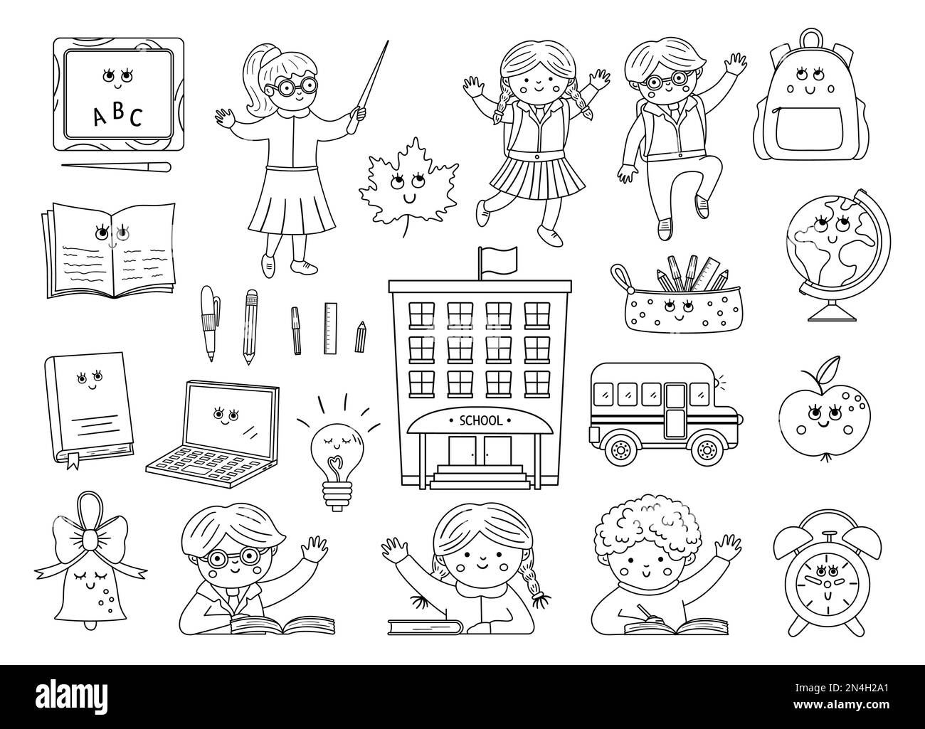 Back to school black and white kawaii vector set of elements ...