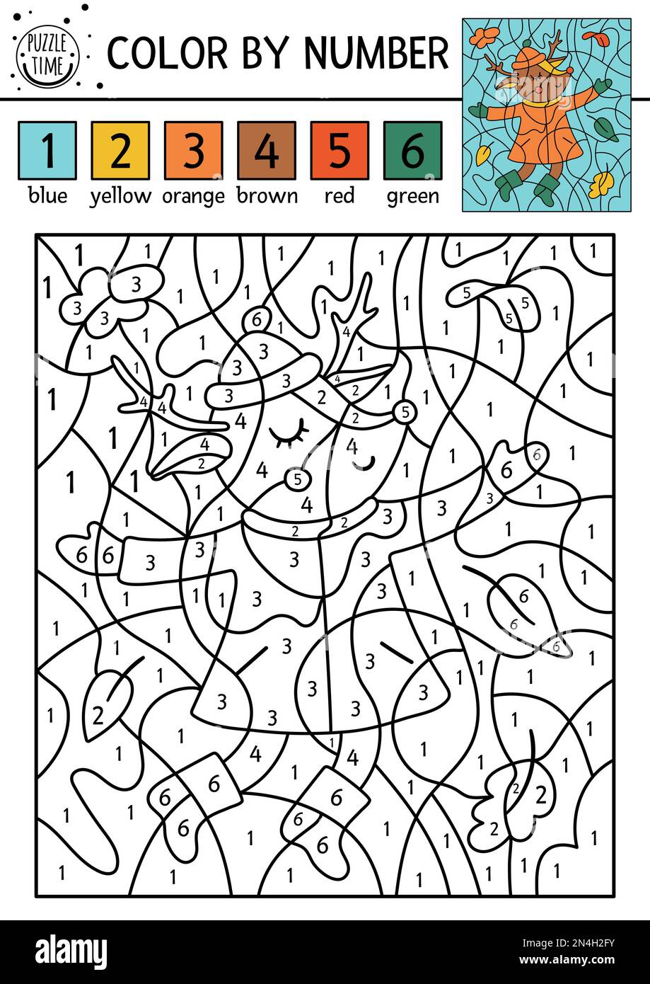 Vector autumn color by number activity with dear jumping under falling ...