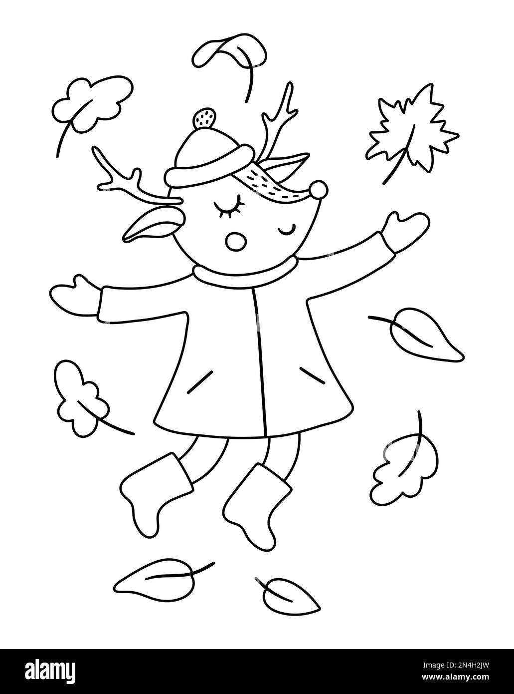 Cute black and white deer jumping under falling leaves. Vector outline ...