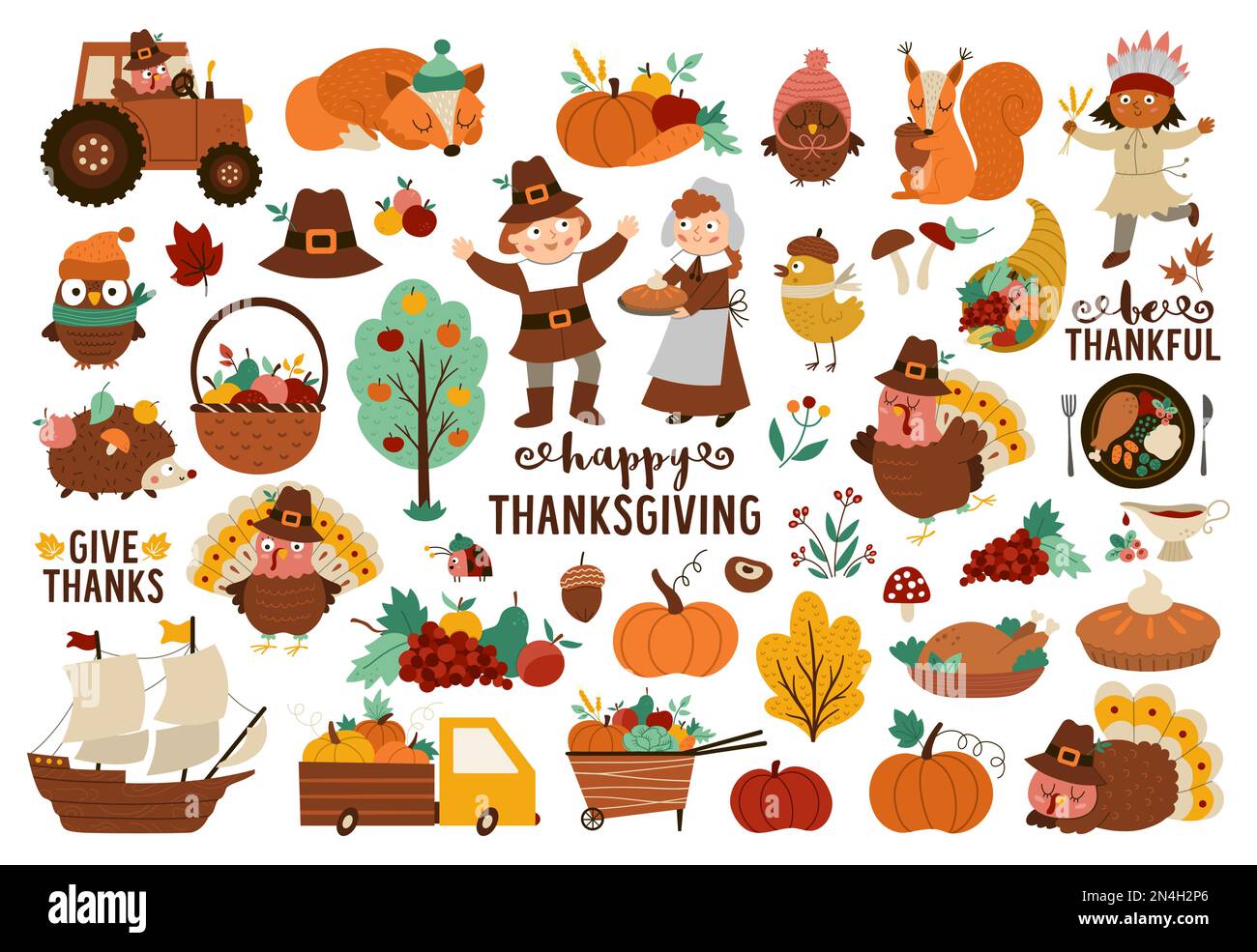 Vector Thanksgiving elements set. Autumn icons collection with funny ...