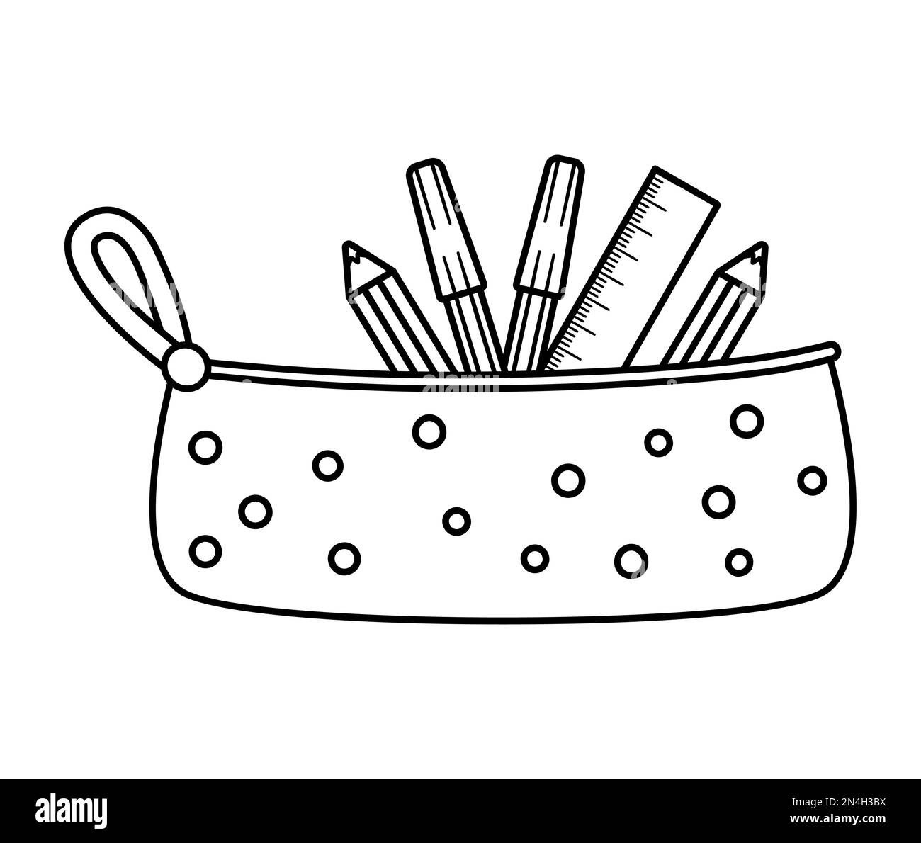 Vector black and white pencil case with stationery. Contour back to ...
