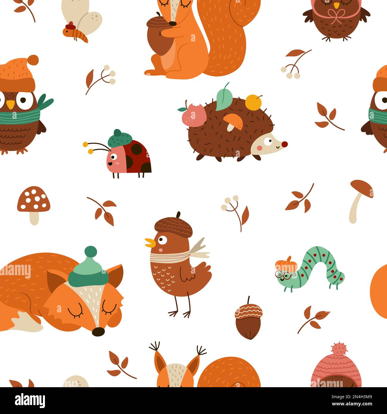 Vector Autumn forest animals and insects seamless pattern. Cute repeat ...