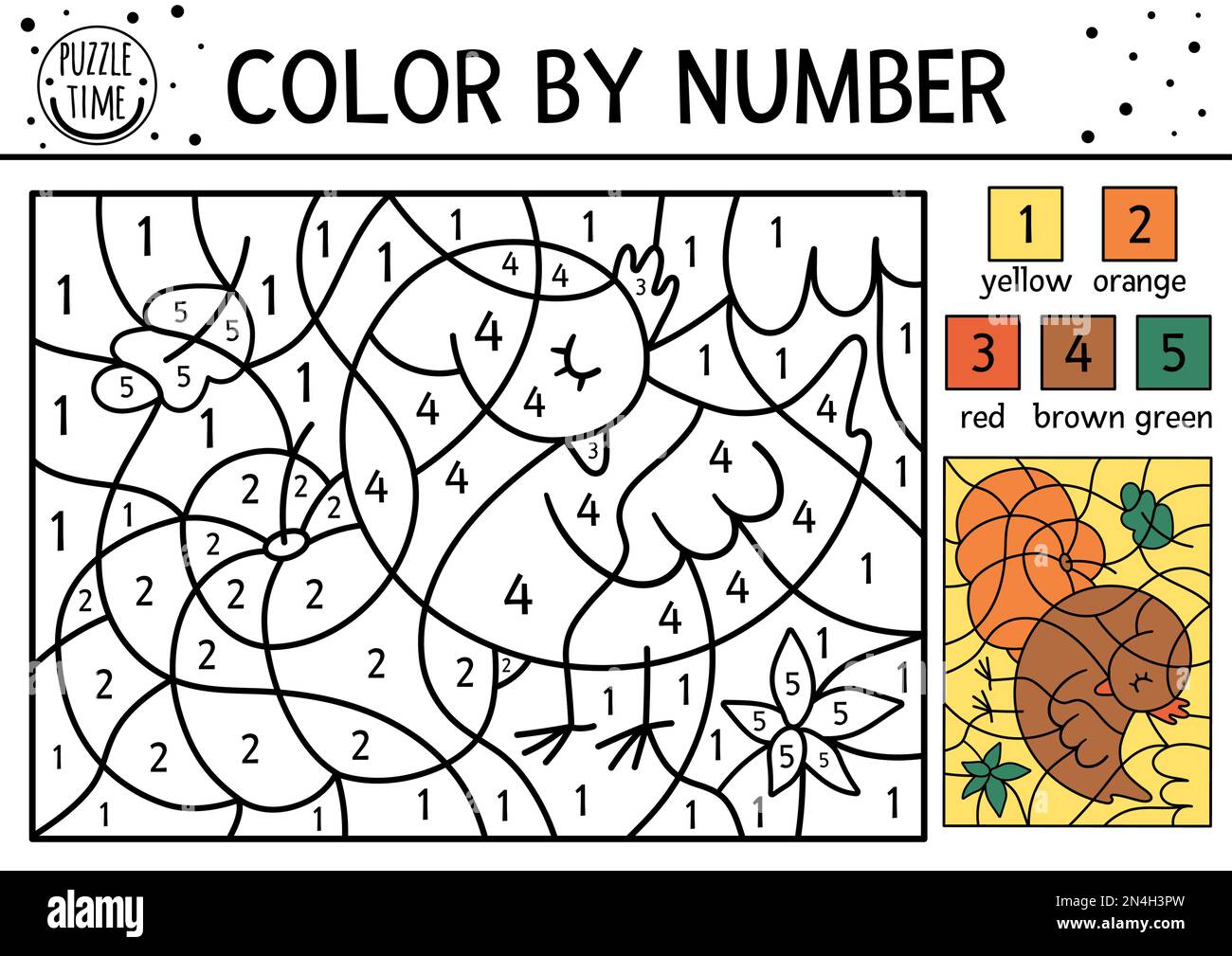 Vector autumn color by number activity with sleeping bird, pumpkin ...