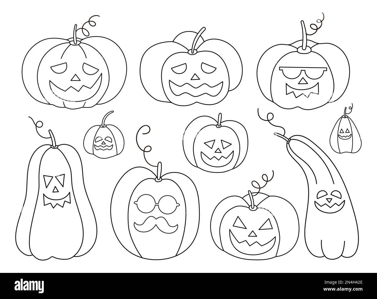 Vector black and white jack-o-lanterns set. Outline Halloween party ...