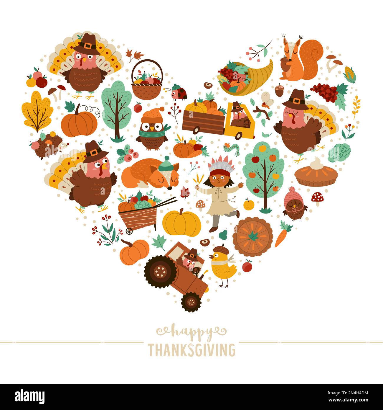 Vector heart shaped frame with comic turkey, forest animals ...