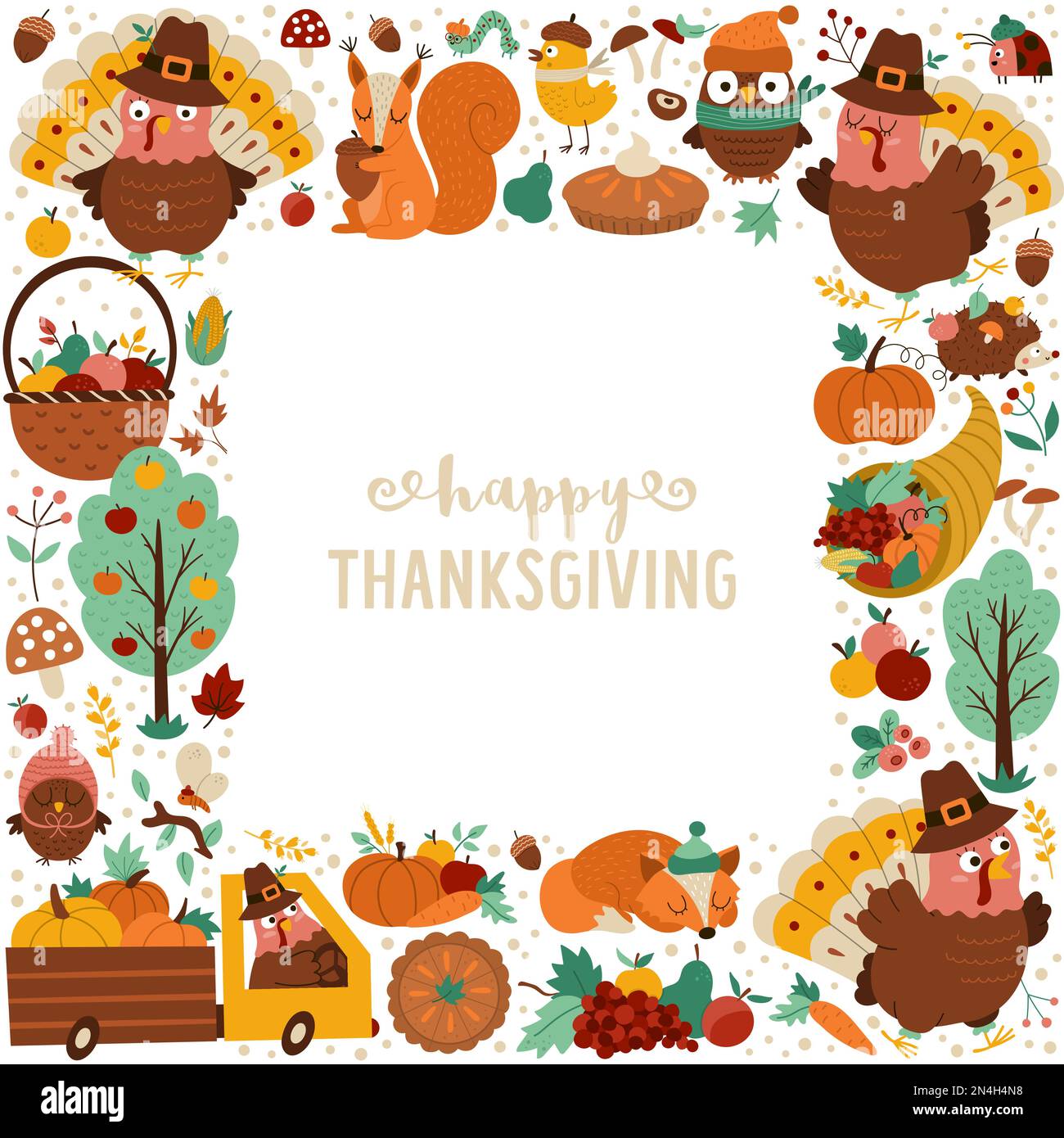 Vector square frame with comic turkey, forest animals, Thanksgiving ...