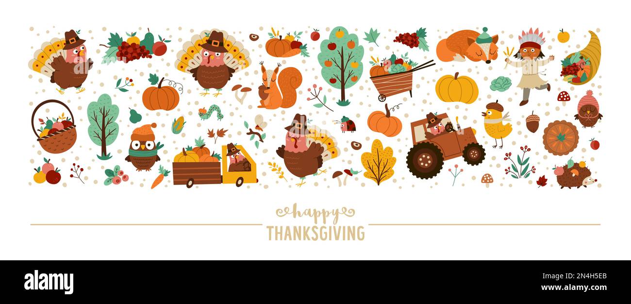 Vector horizontal set with cute comic forest animals, Thanksgiving ...