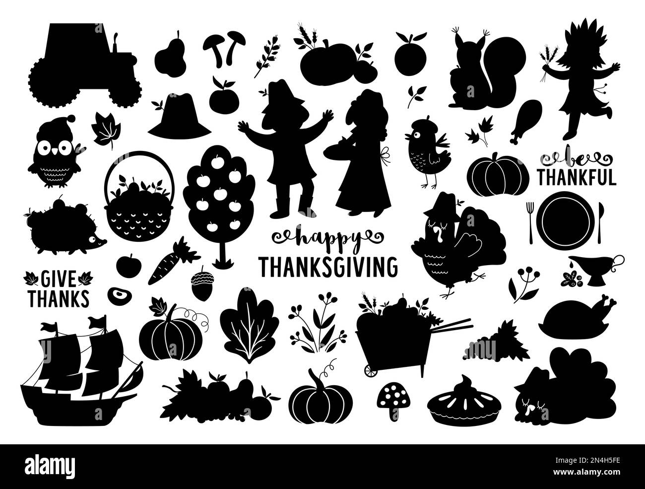 Vector Thanksgiving silhouettes set. Autumn black and white collection ...