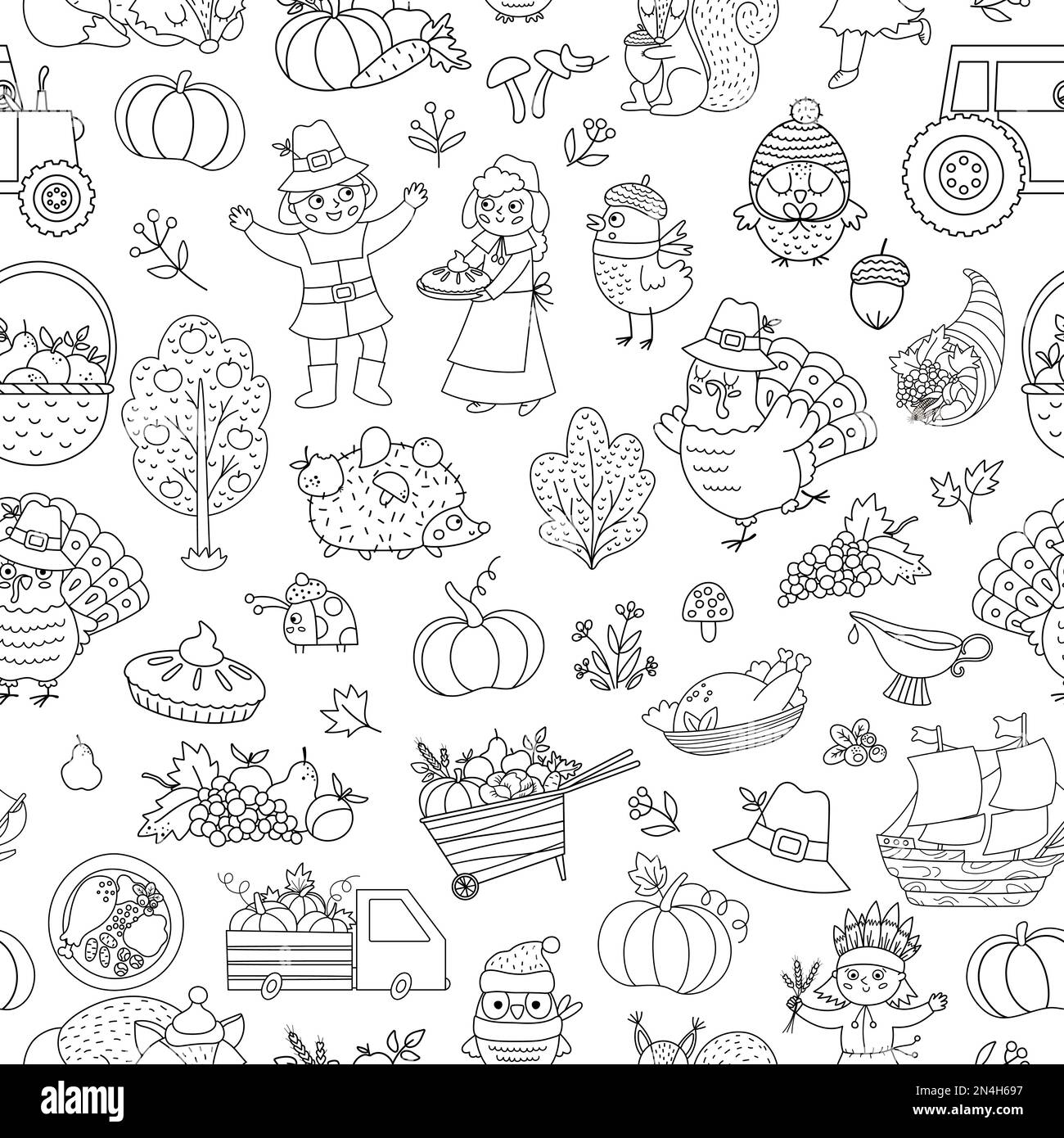 Vector black and white Thanksgiving seamless pattern. Outline autumn ...