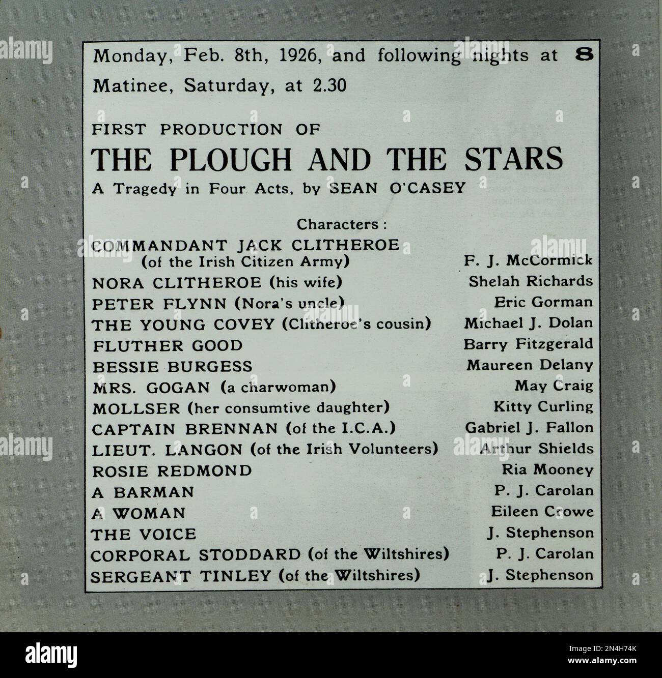 The original cast list for the 1926 production of The Plough and the ...
