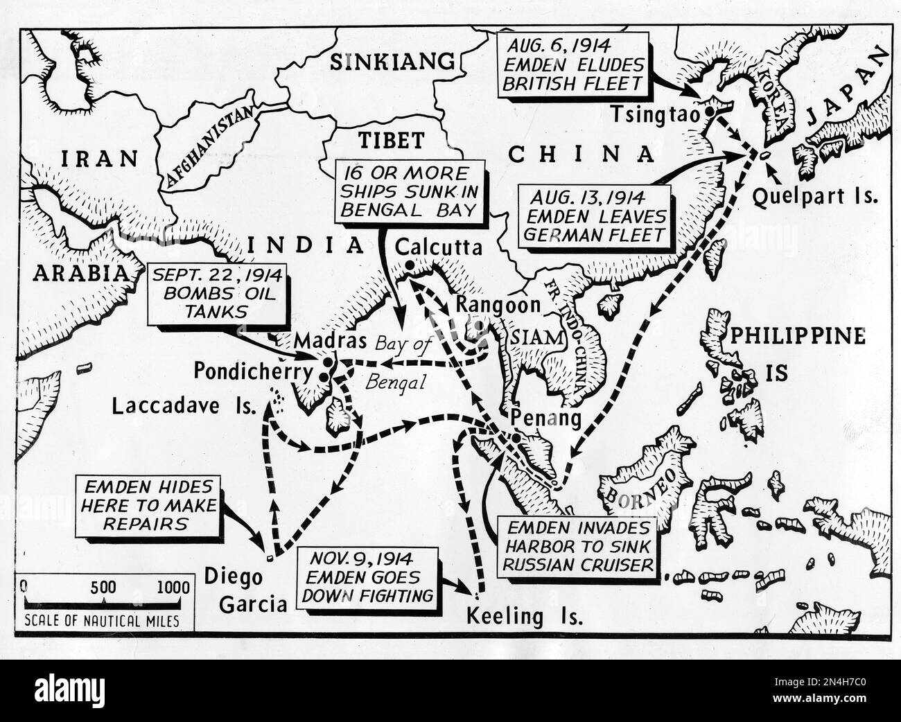 This map traces the route of the commerce raider SMS Emden, a light ...