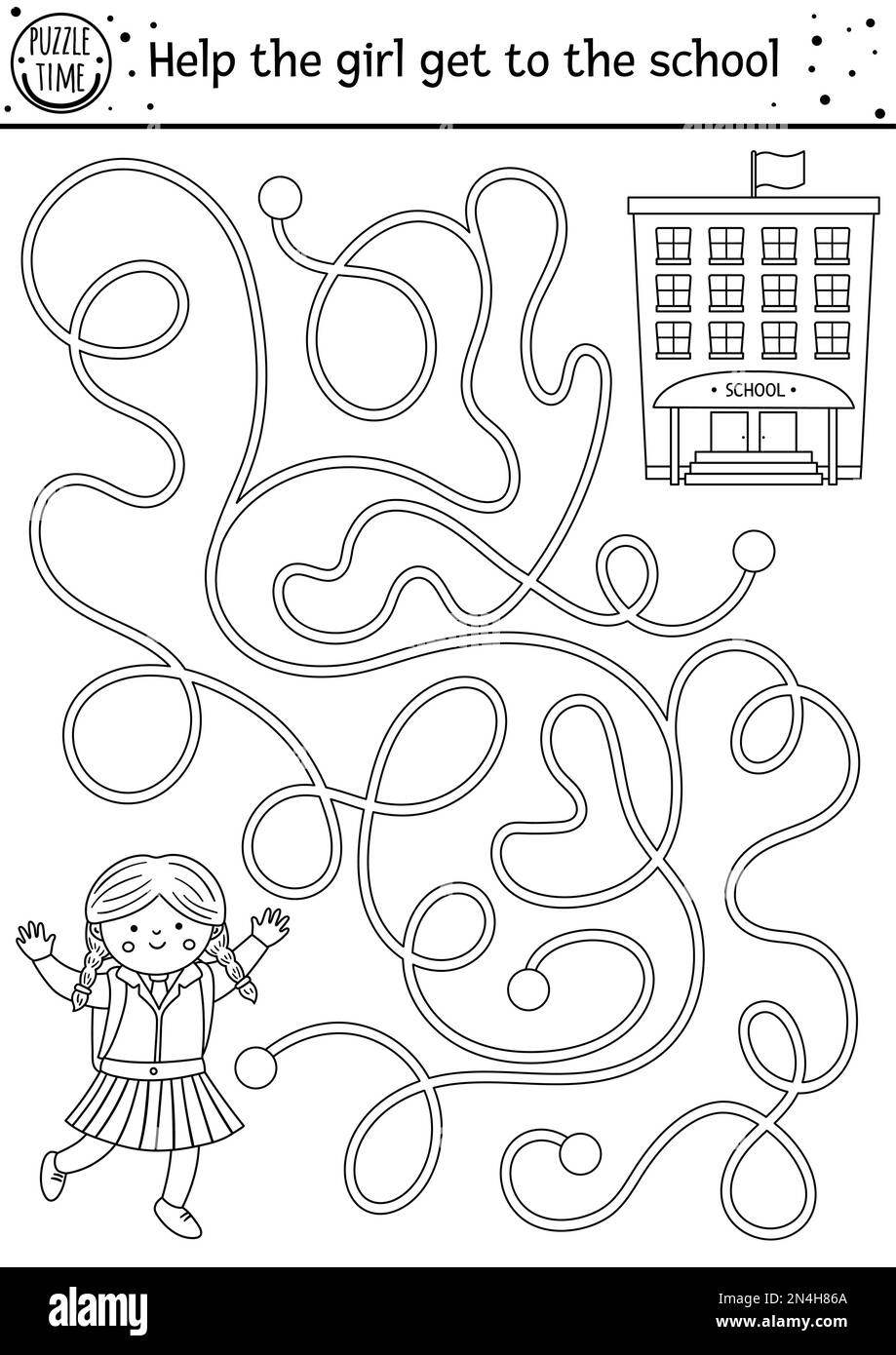 Back to school black and white maze for children. Preschool outline ...