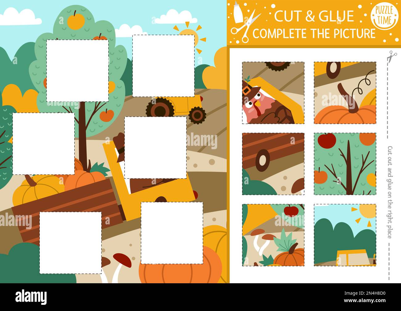 Vector Thanksgiving day cut and glue activity. Autumn crafting game ...