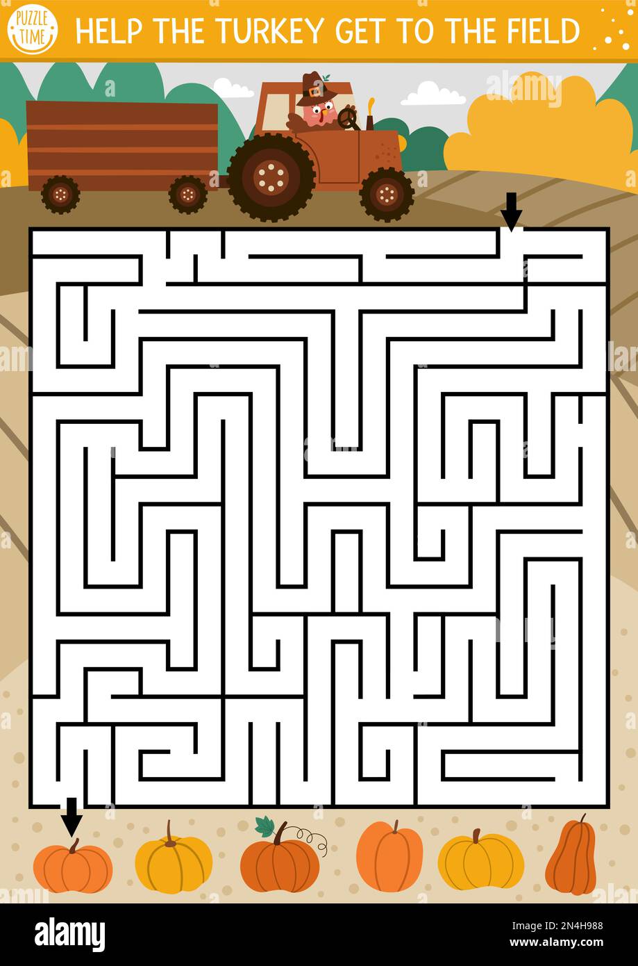 Thanksgiving Day maze for children. Autumn holiday preschool printable ...