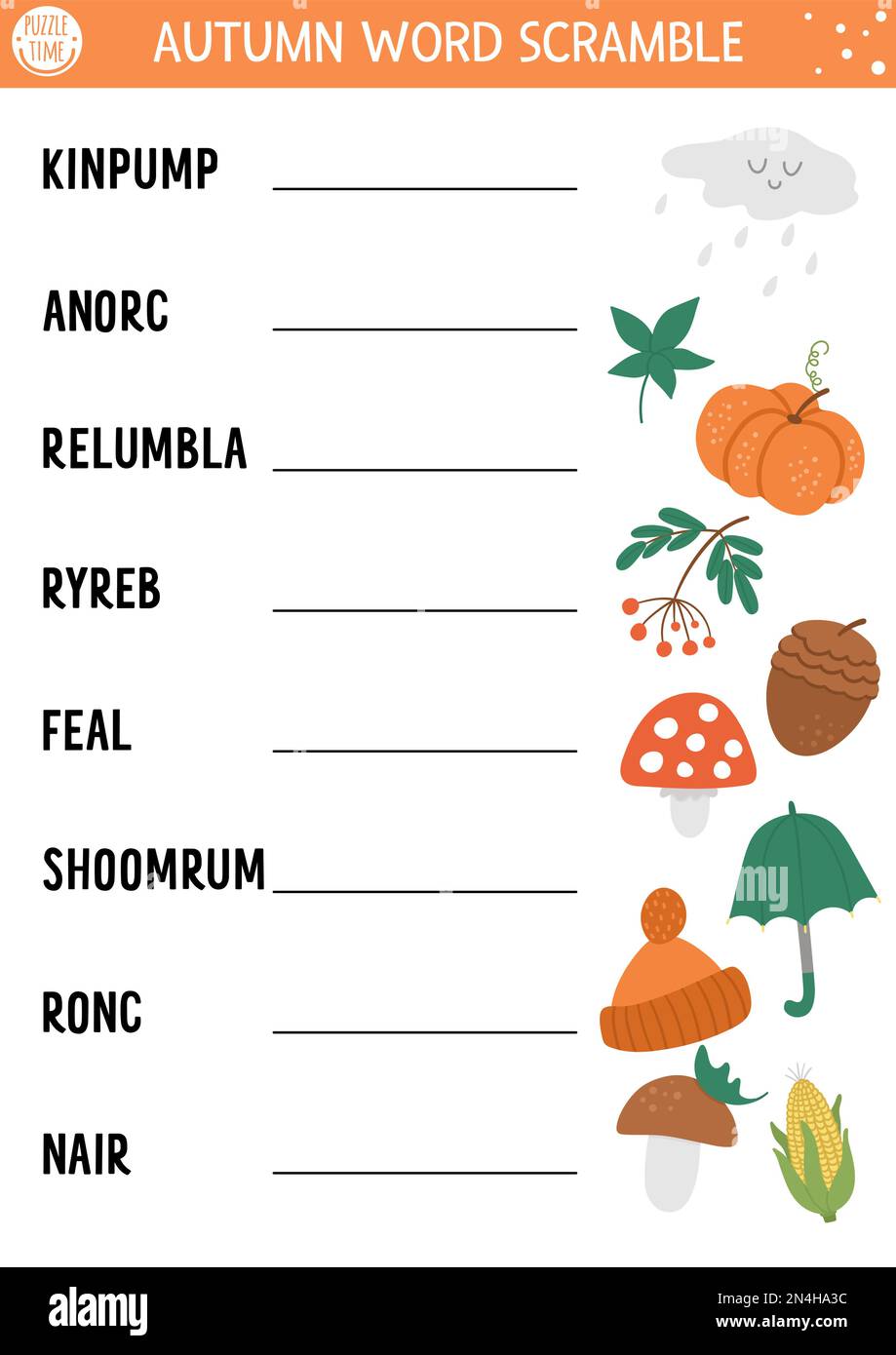 Vector Autumn word scramble activity page. English language game with ...