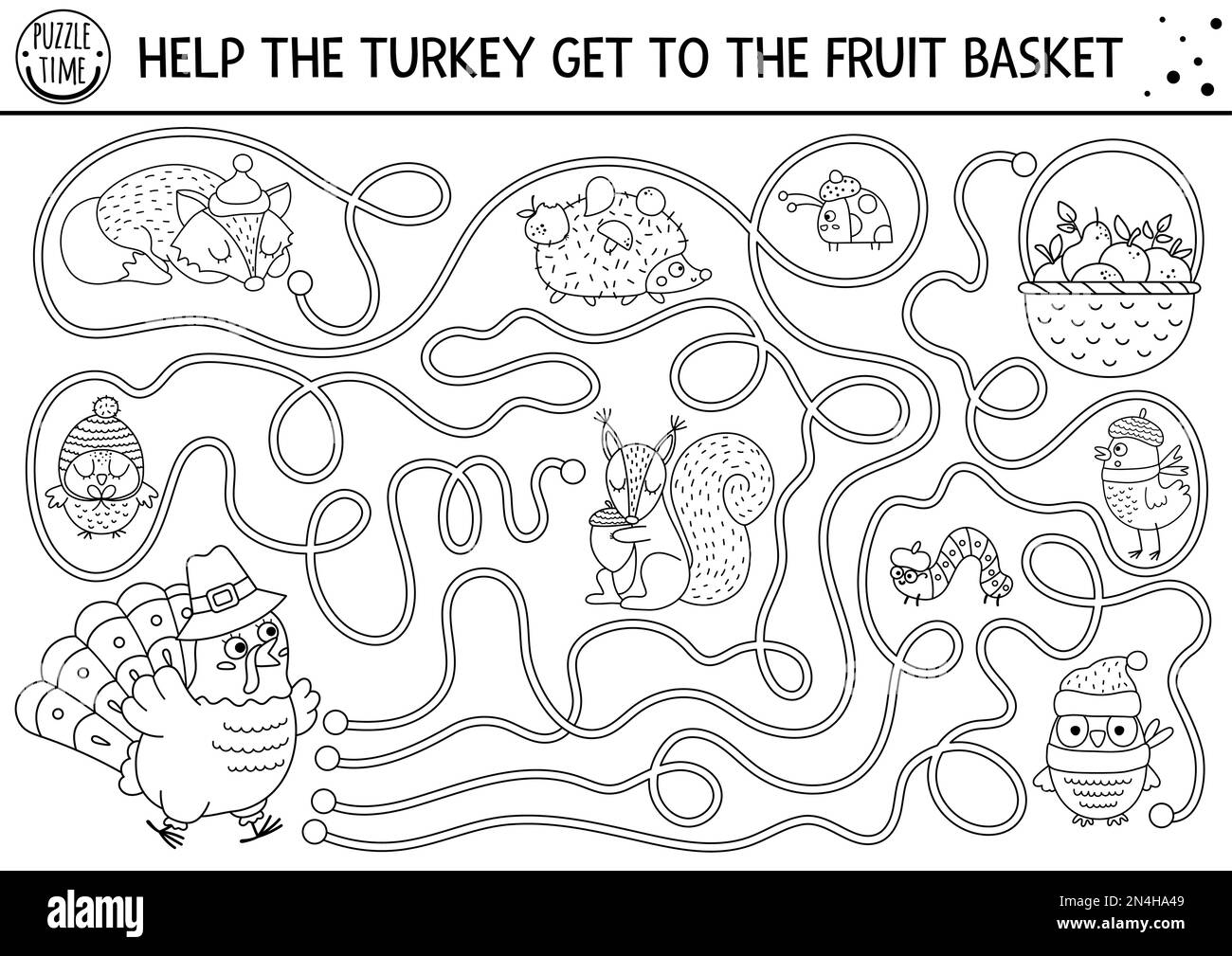 Thanksgiving black and white maze for children. Autumn line holiday ...