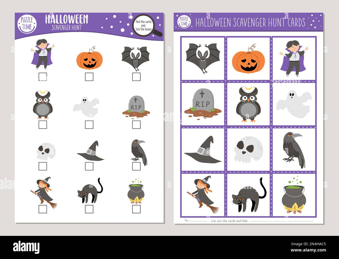 Vector Halloween scavenger hunt cards set. Seek and find game with ...