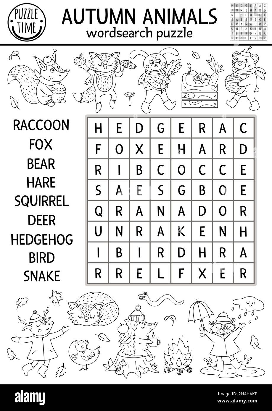 Vector black and white fall wordsearch puzzle for kids. Simple outline ...