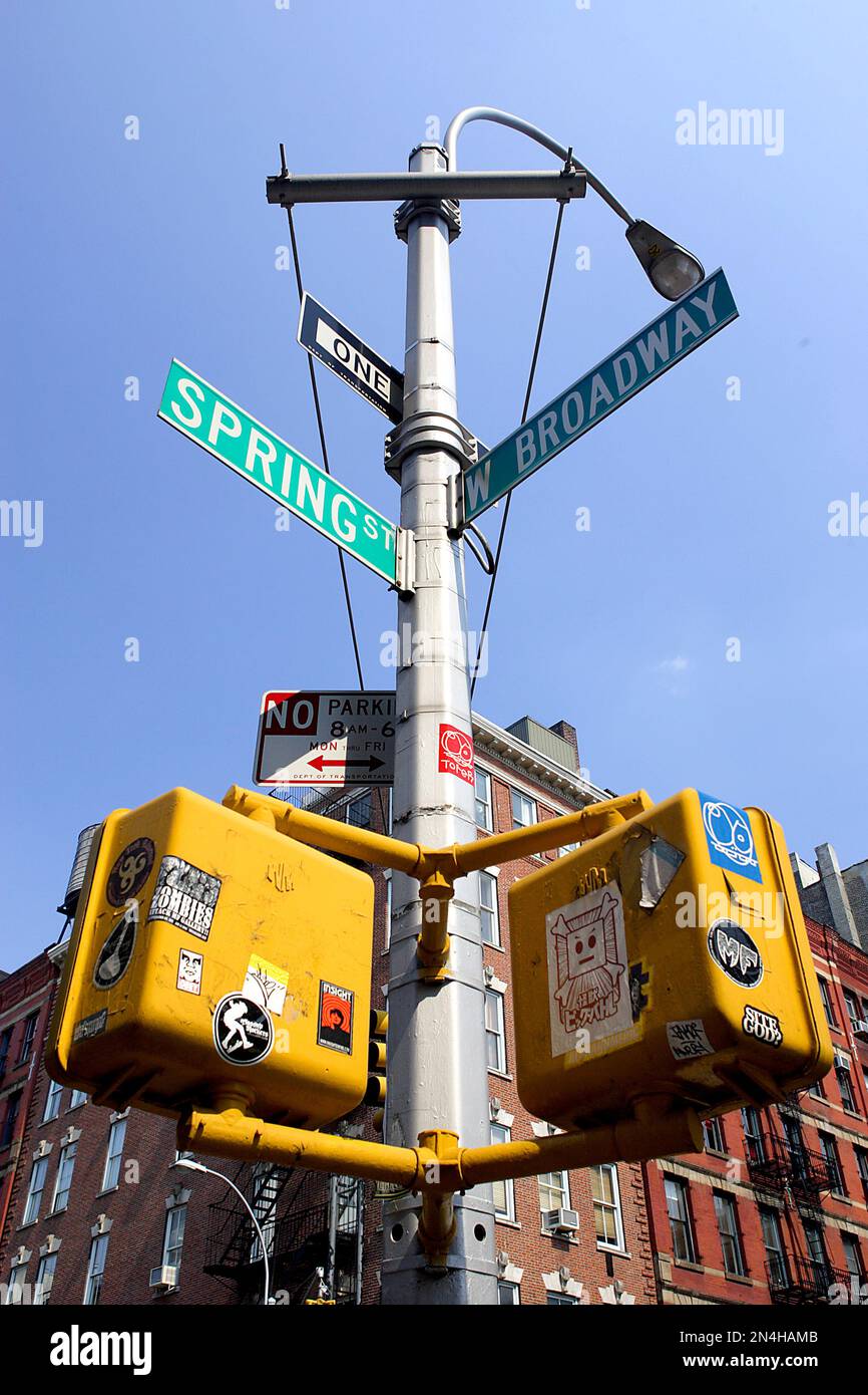 Spring Street and West Broadway street signs in SoHo neighborhood of ...