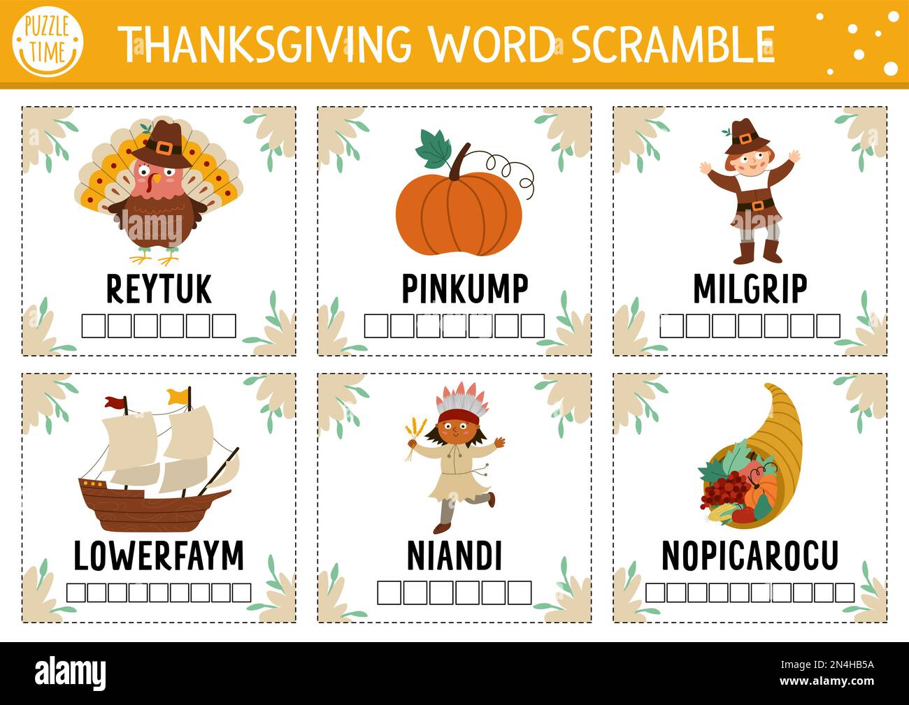 Vector Thanksgiving word scramble activity cards. English language game ...