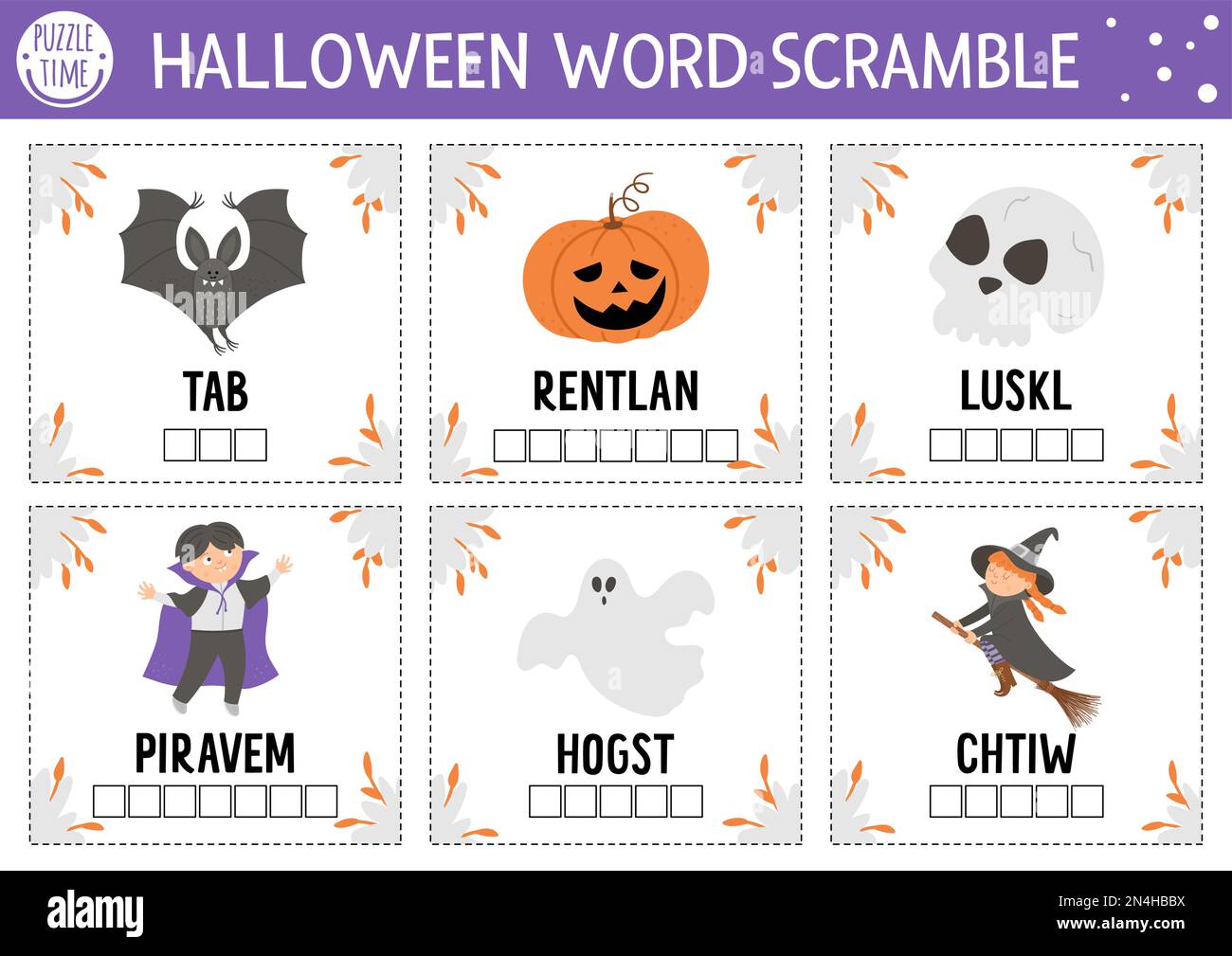 Vector Halloween word scramble activity cards. English language game ...