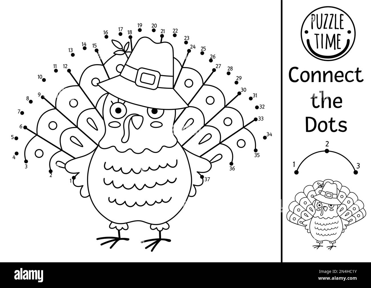 Vector dot-to-dot and color activity with cute turkey. Thanksgiving ...