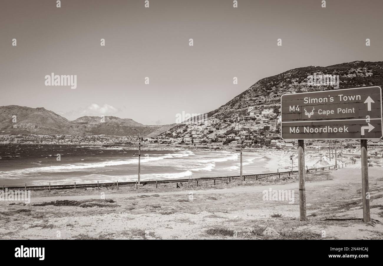 False Bay coast landscape with road sign to cape point and Simons Town ...