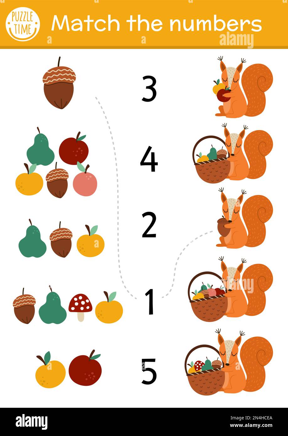 Match the numbers game with squirrel and fruit basket. Autumn farm or ...
