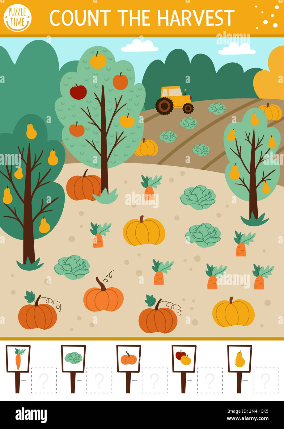 Autumn counting game with harvest in the garden or field. Fall or ...